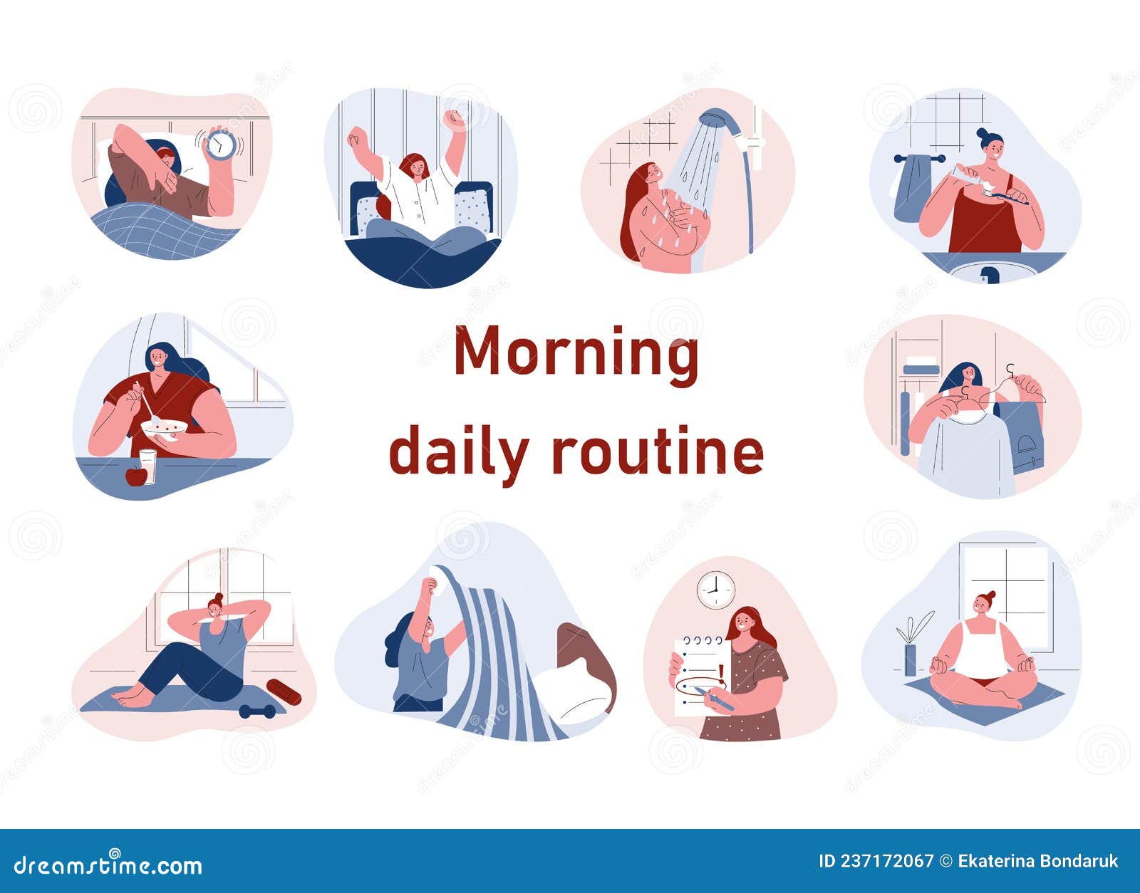 Woman is Doing Her Morning Routine. Set of Vector Illustrations in Flat ...
