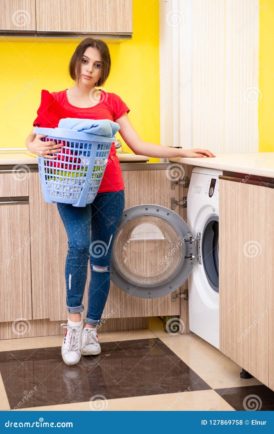 The Woman Doing Laundry at Home Stock Photo - Image of cleaning ...