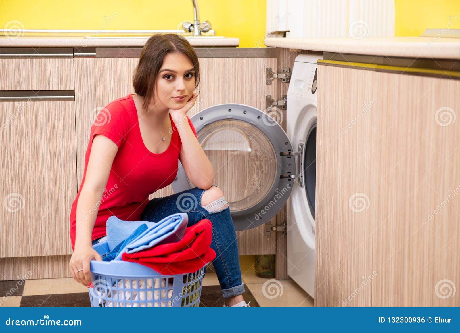 The Woman Doing Laundry at Home Stock Photo - Image of housekeeping ...