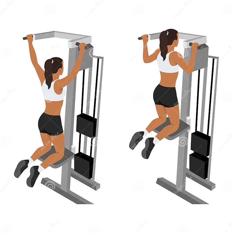 Woman Doing Pull Ups Exercise. Machine or Assisted Pull Up Stock ... Woman Doing Pull Ups Exercise. Machine or Assisted Pull Up Stock ...