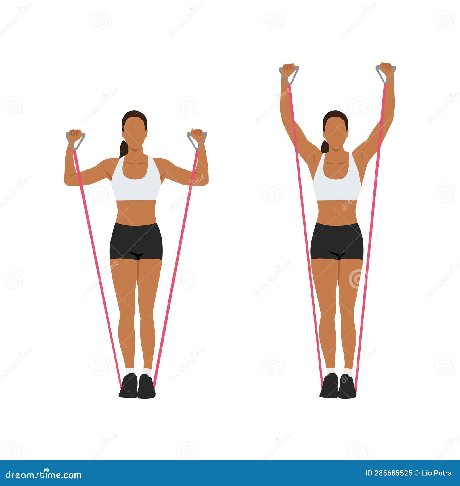 Woman Doing Resistance Band Standing Shoulder Press. Overhead Press ...