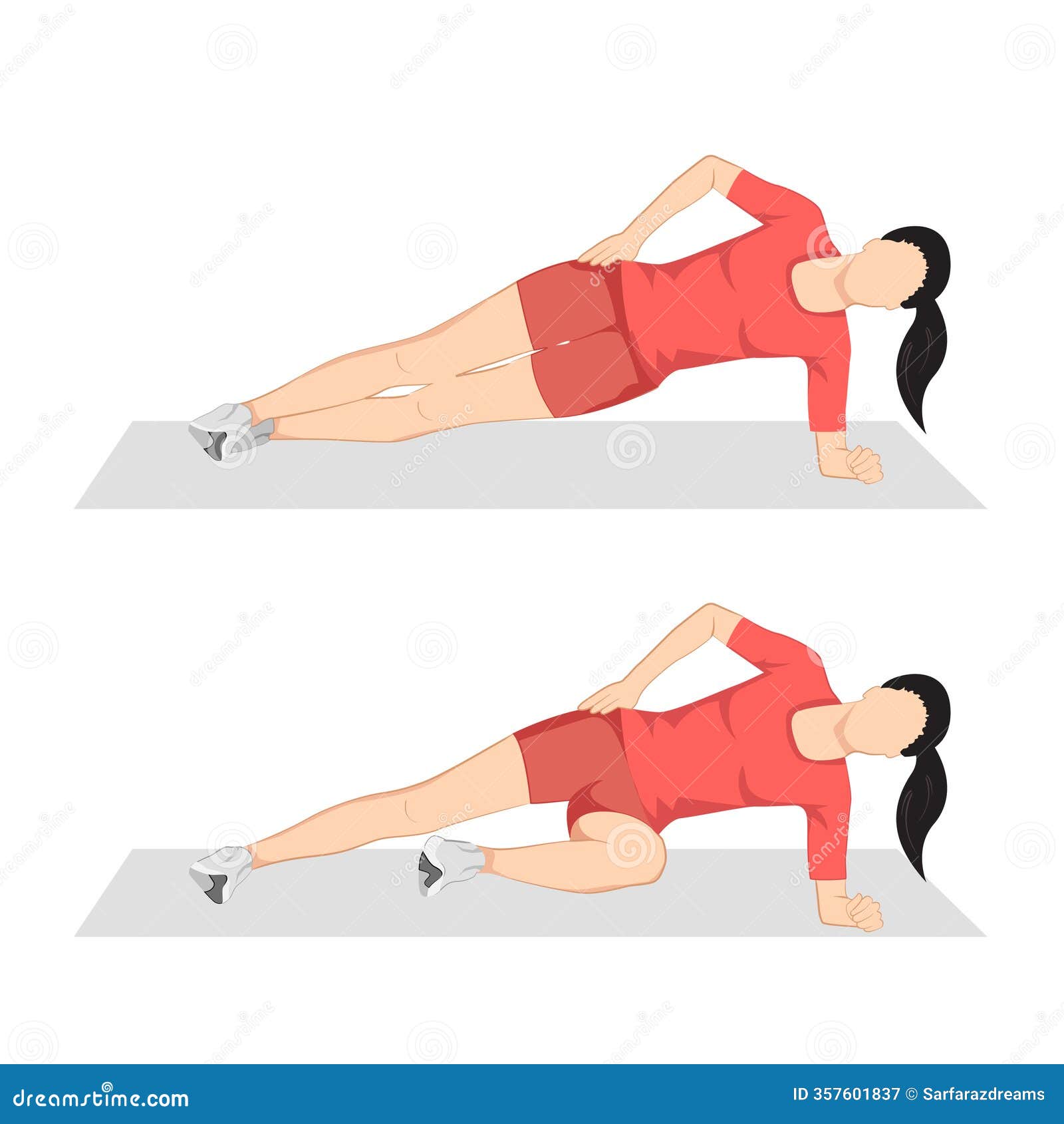 Woman Doing Side Plank Crunches Exercise at Gym. Flat Vector ...