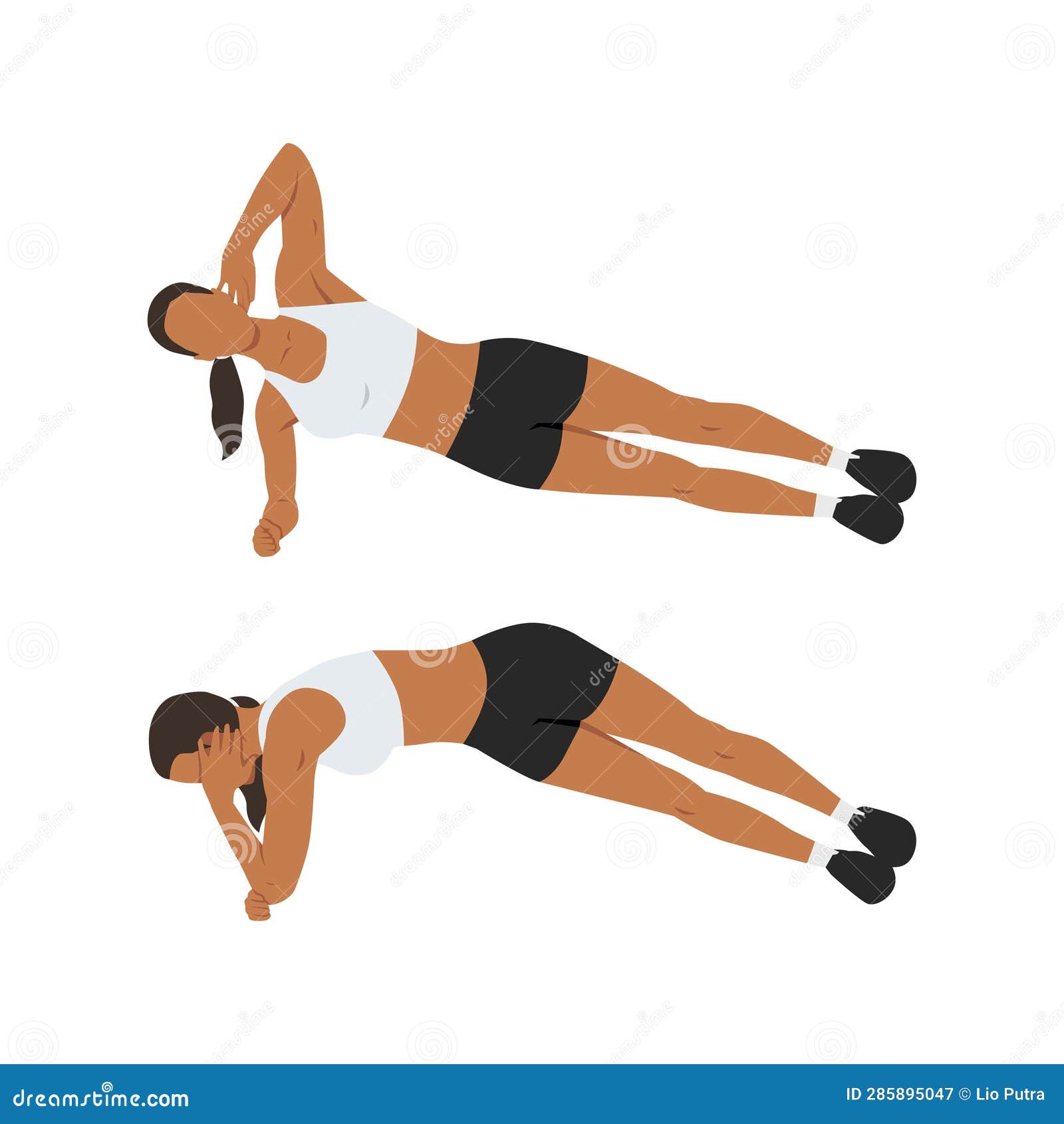 Woman Doing Side Plank Rotations or Elbow Twists Exercise Stock ...
