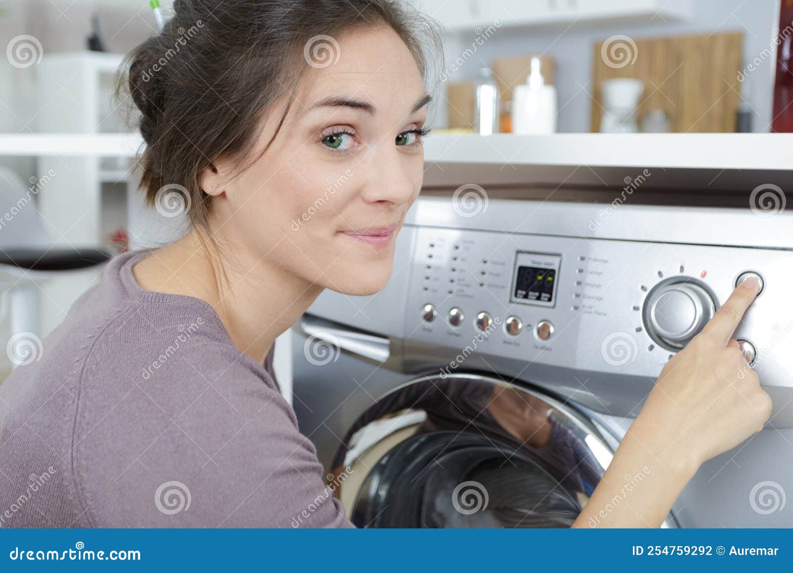 Woman Doing Washing Laundry Stock Photo - Image of floor, appliance ...