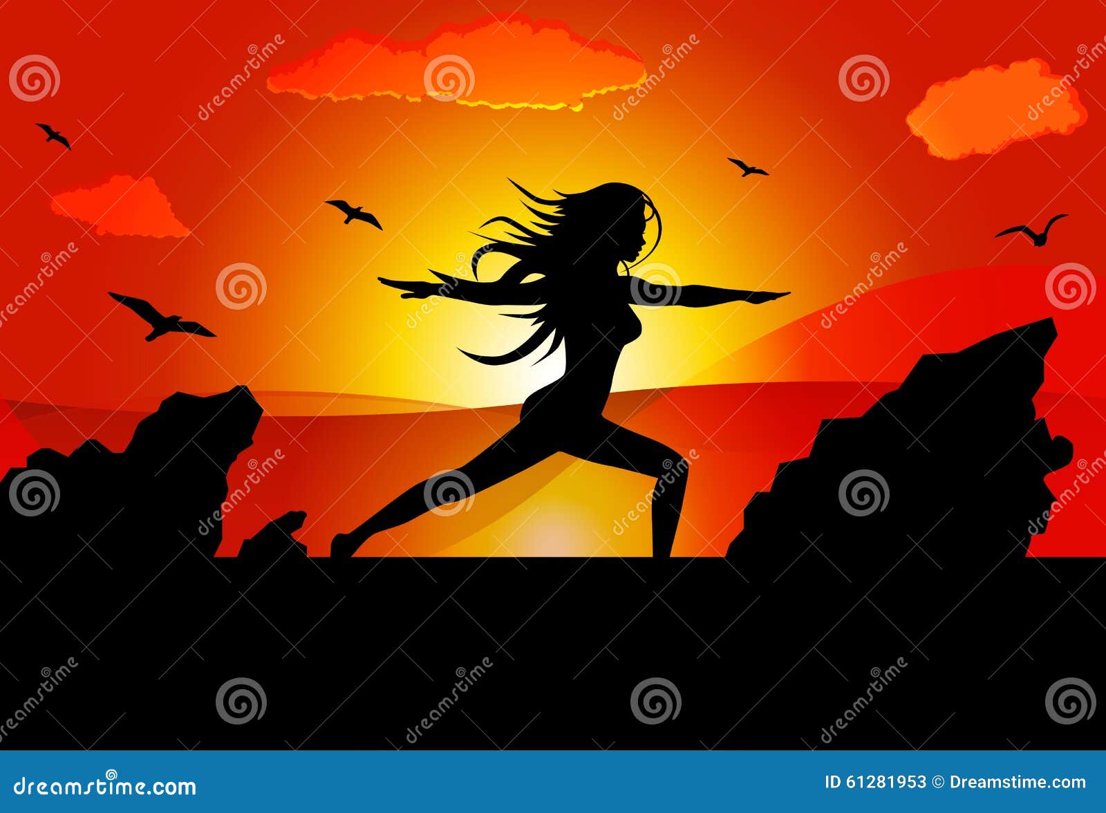 Woman Doing Yoga on Beach during Sunset in a Warrior Pose. Stock Vector ...