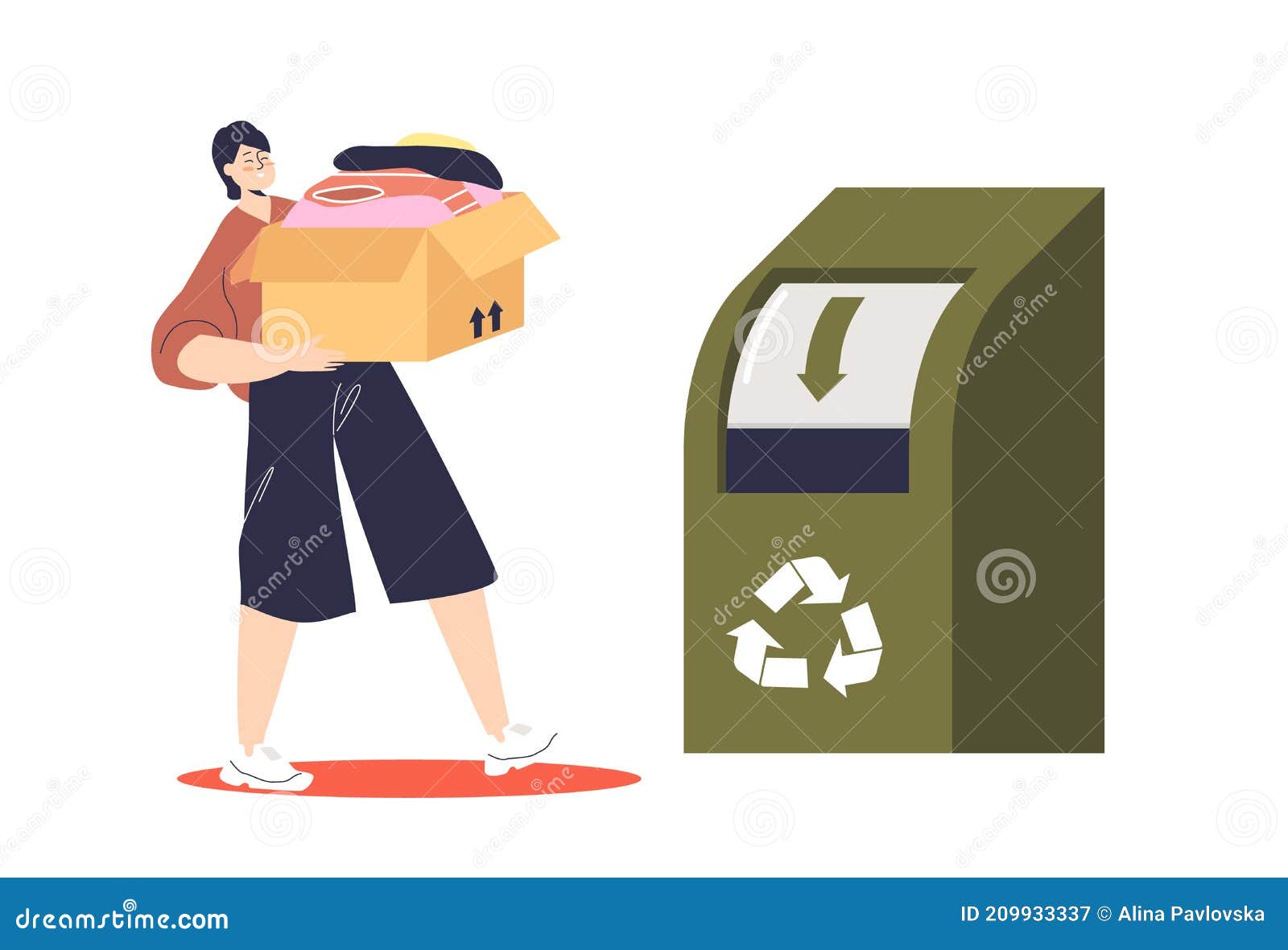 Woman Donating Box Of Used Clothes For Recycling Throwing In Container