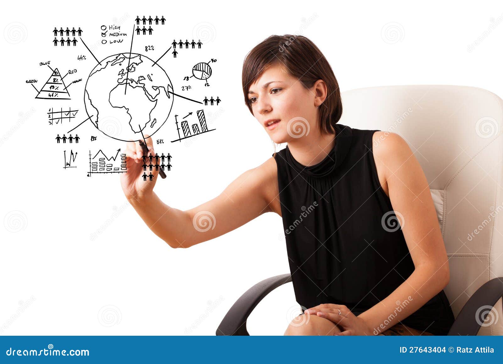 Woman Drawing Globe with Diagrams Stock Photo - Image of marketing ...