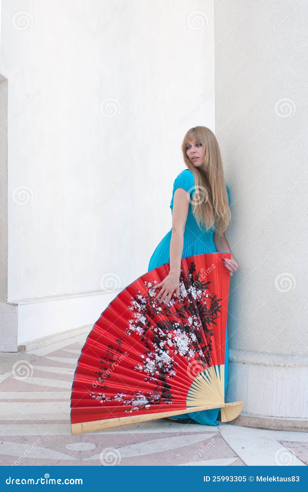 The Woman in a Dress and a Fan Stock Image - Image of dress, blonde ...