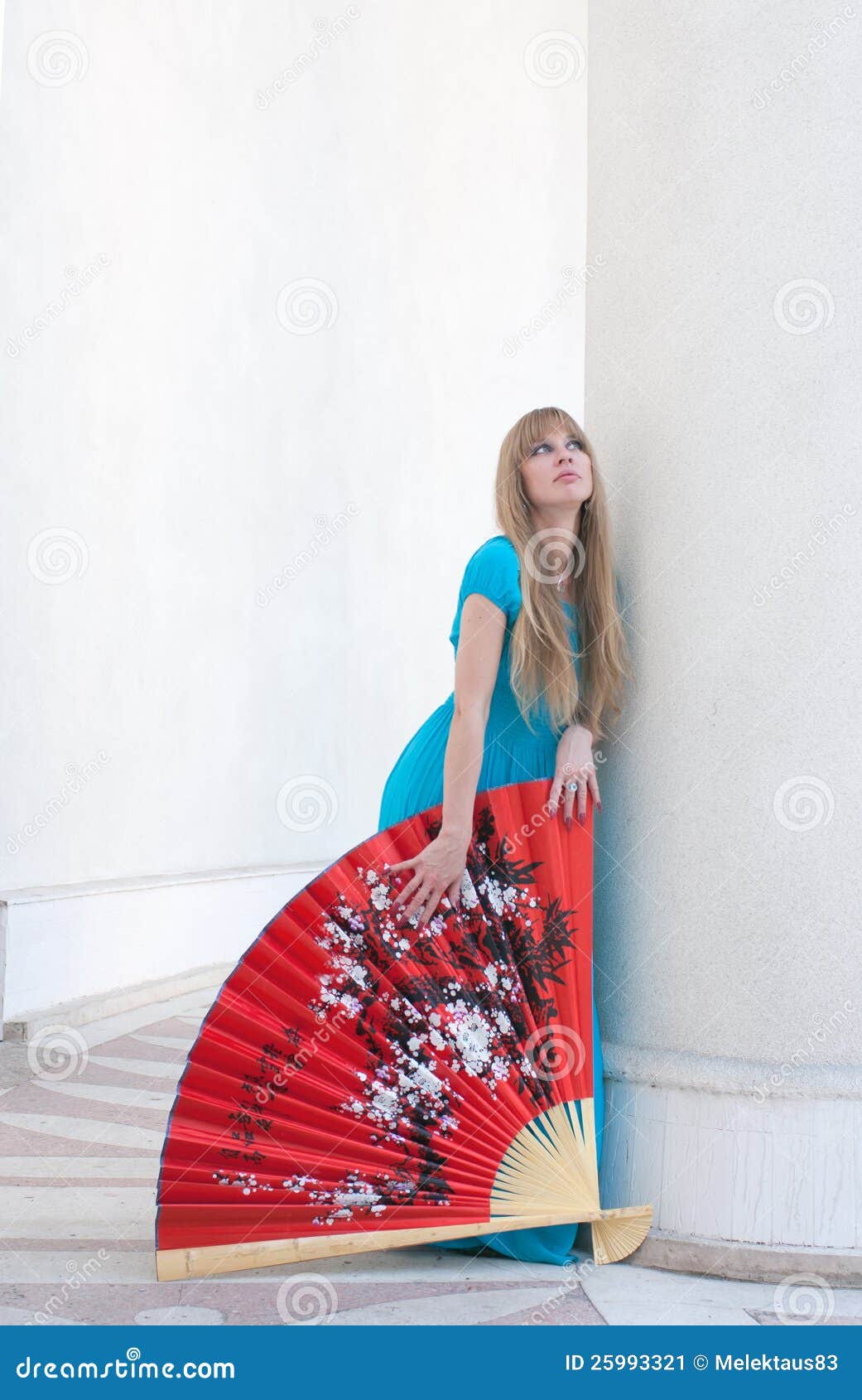 The Woman in a Dress and a Fan Stock Image - Image of blonde, hold ...