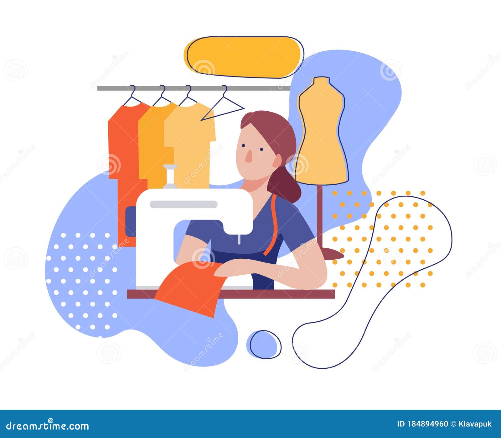 A Woman Dressmaker at a Sewing Machine. Flat Stylized Illustration ...