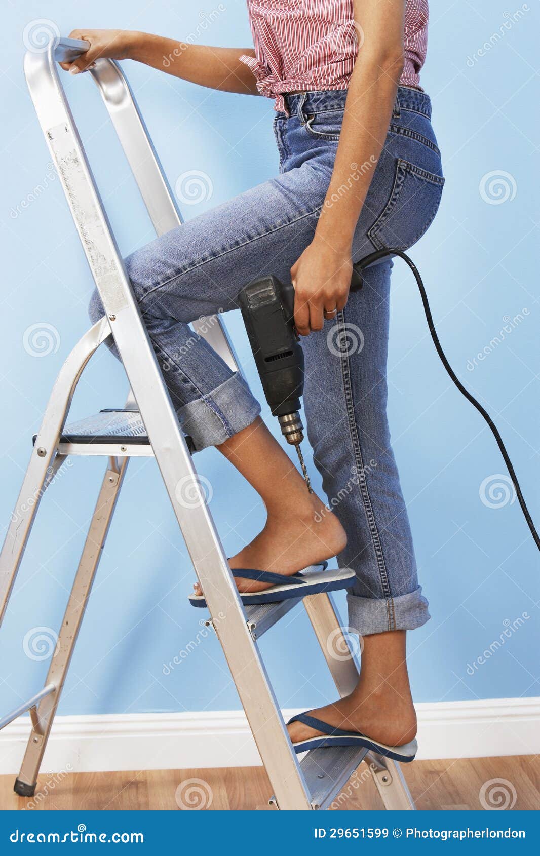 Woman with Drill Climbing Ladder Stock Image - Image of casual, mature ...