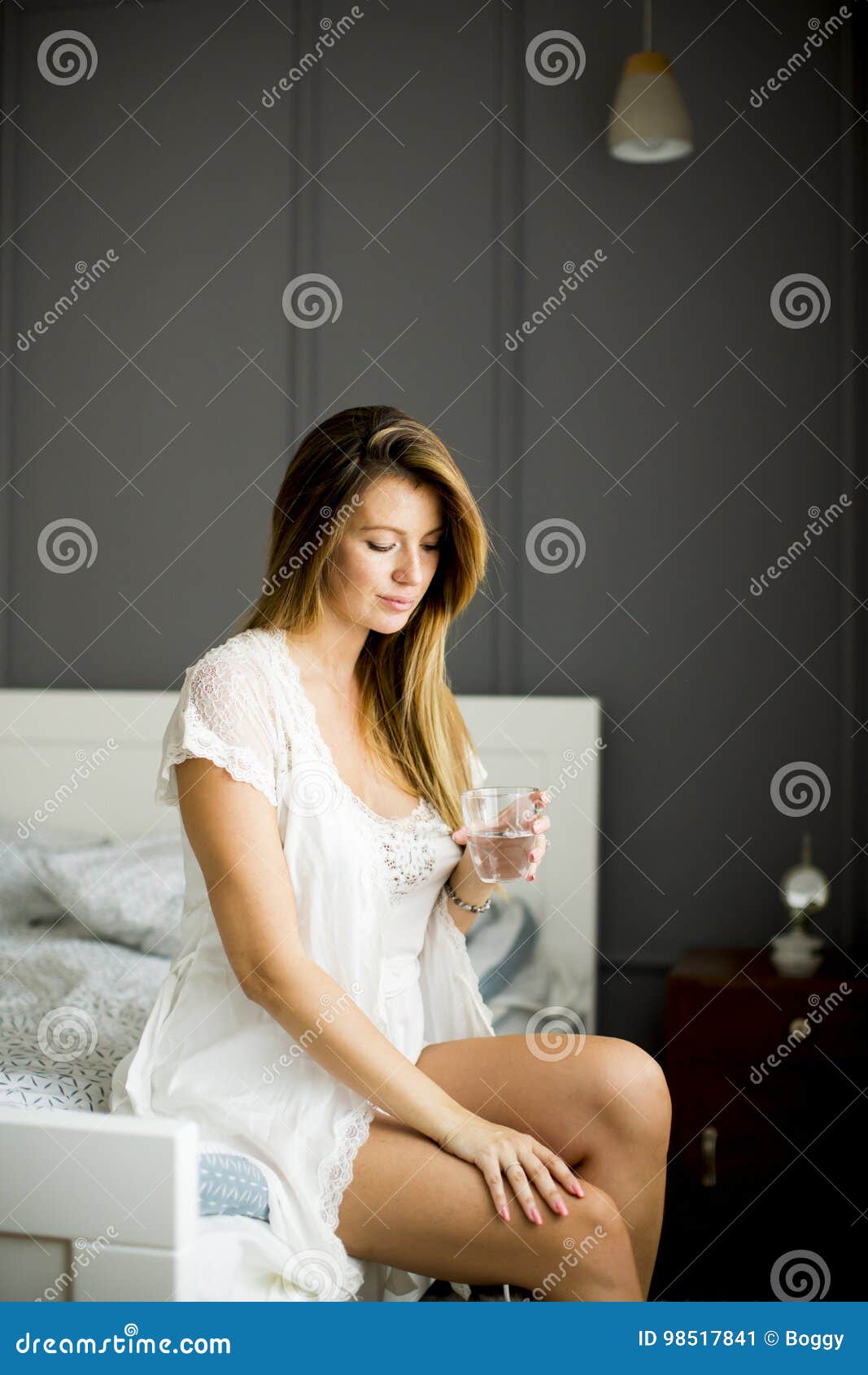Woman Drink a Glass of Water at Morning after Waking Up Stock Image ...