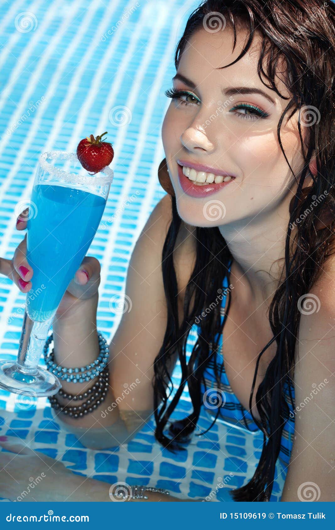 Woman with drink in pool stock image. Image of lime, water - 15109619