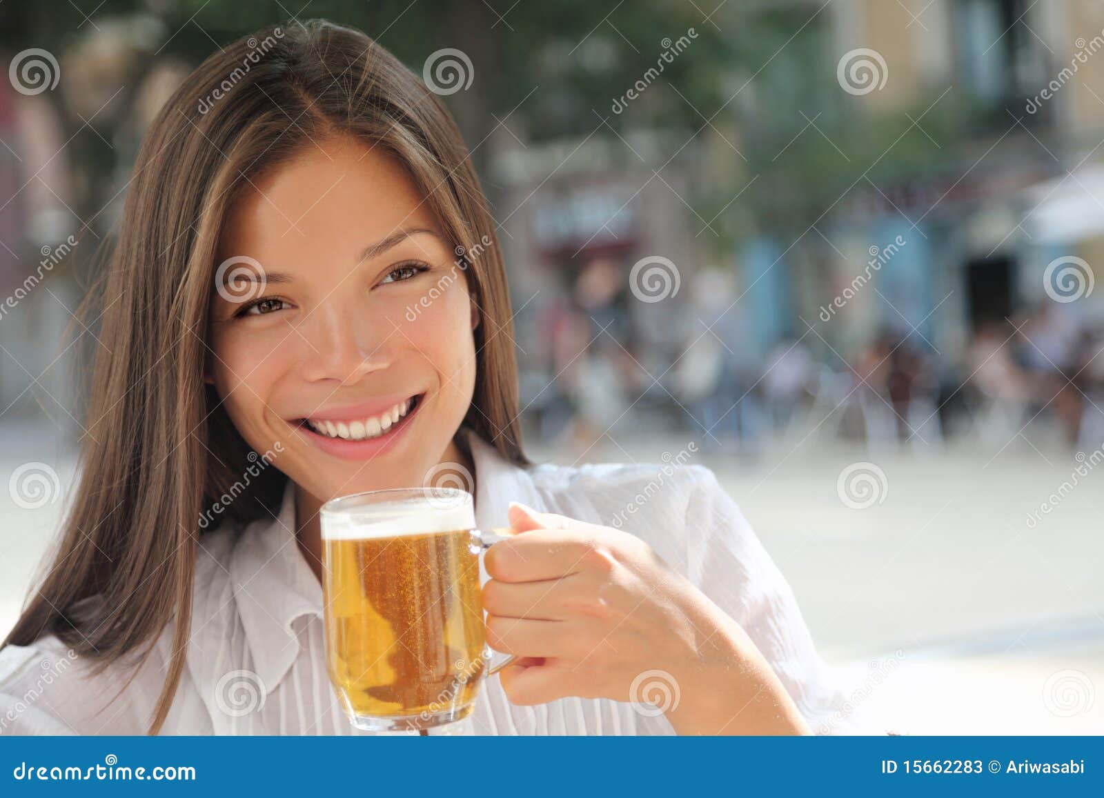 Woman Drinking Beer at Cafe Stock Image - Image of attractive, fresh ...