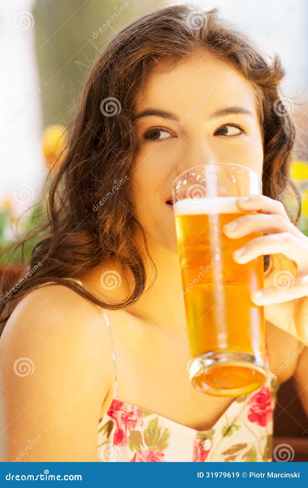 Woman Drinking Beer on Cafe. Stock Image - Image of happiness, brown ...