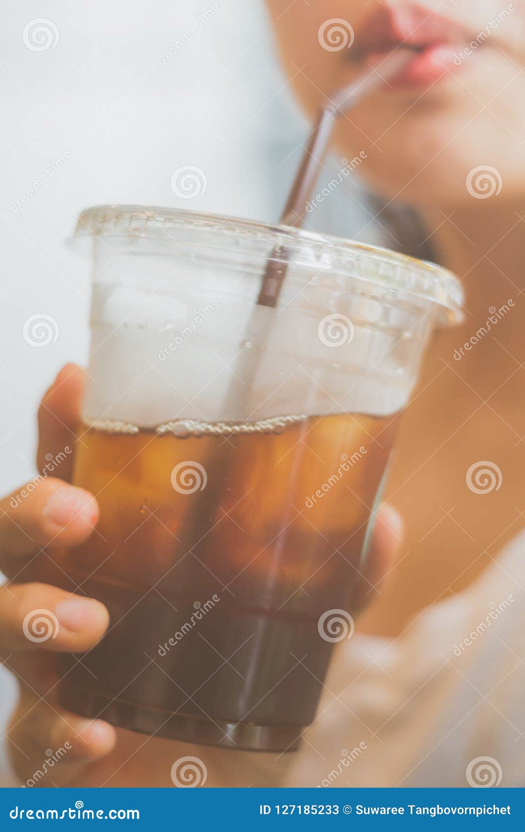 Woman is Drinking Black Coffee by Straw. Stock Image - Image of lunch ...