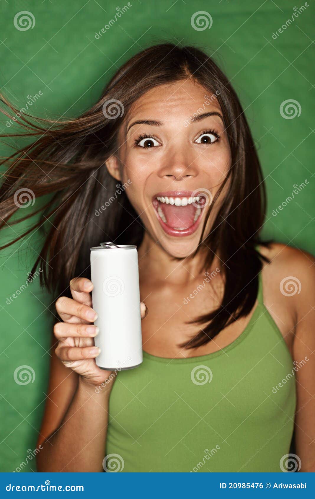 Woman Drinking from Blank Can Stock Photo - Image of excited, cold ...