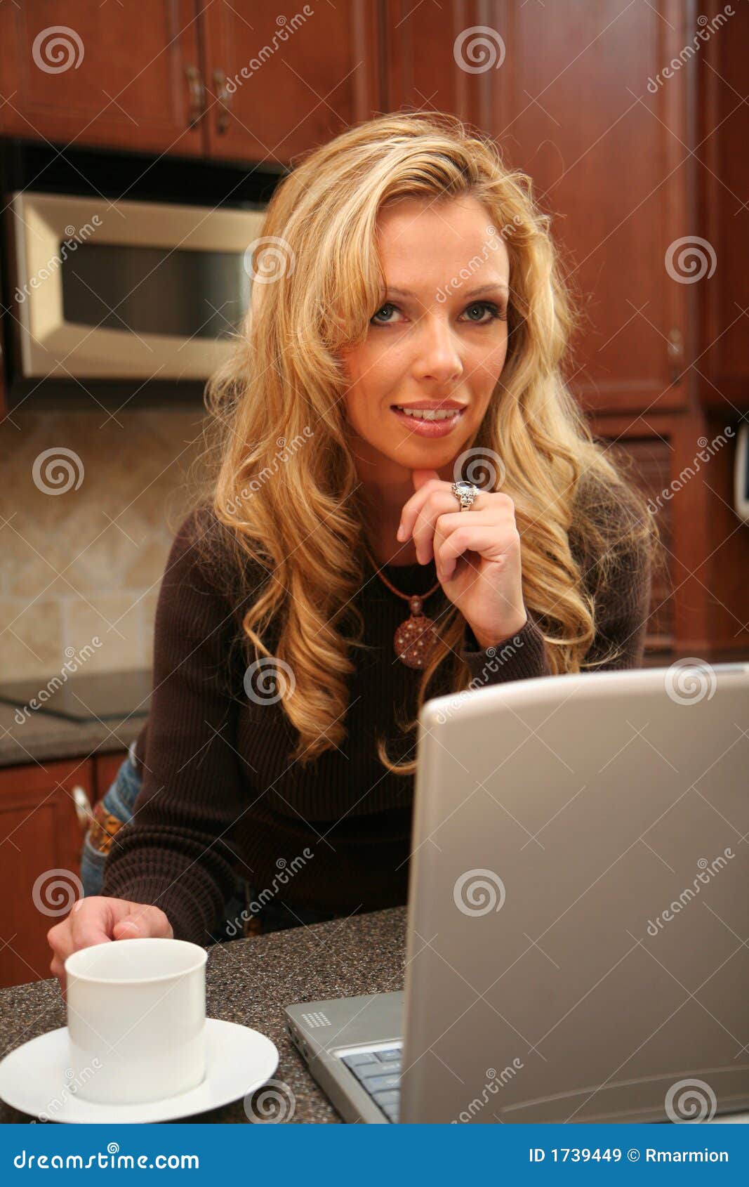 Woman Drinking Coffee at Computer Stock Image - Image of caucasian ...