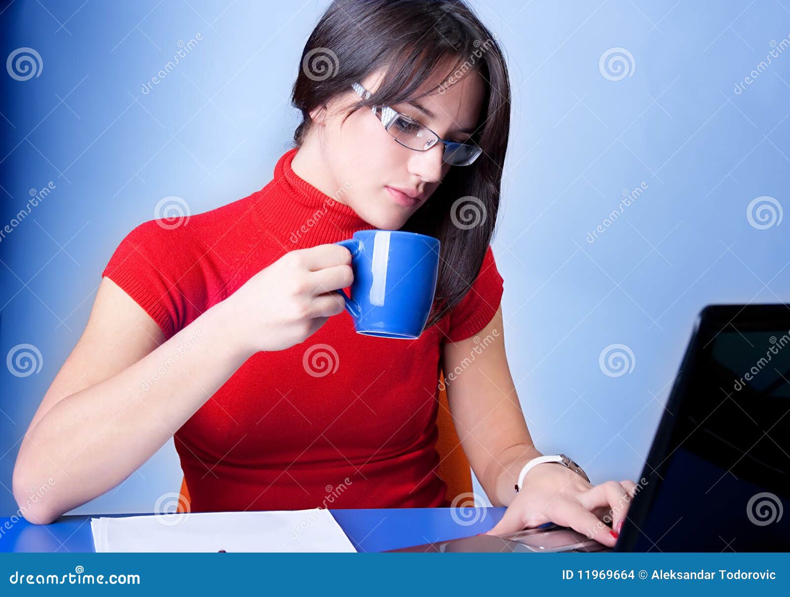 Woman Drinking Coffee and Doing Work Stock Photo - Image of female ...