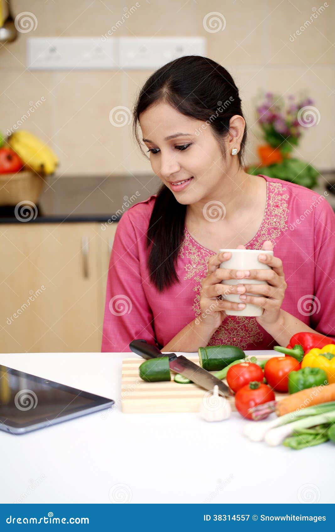 Woman Drinking Coffee in Her Kitchen Stock Image - Image of chef ...