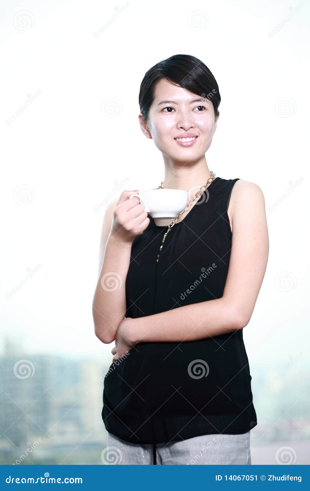 Woman Drinking Coffee at Office Stock Image - Image of business, smile ...