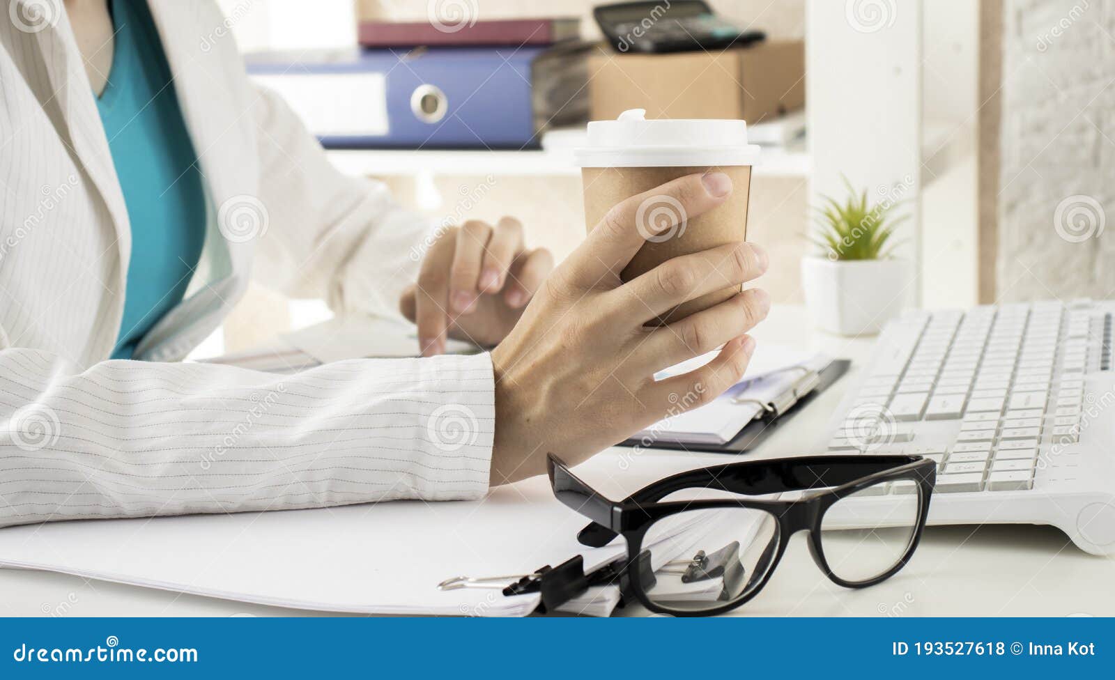 Woman Drinking Coffee while Using Desktop Pc Stock Photo - Image of ...