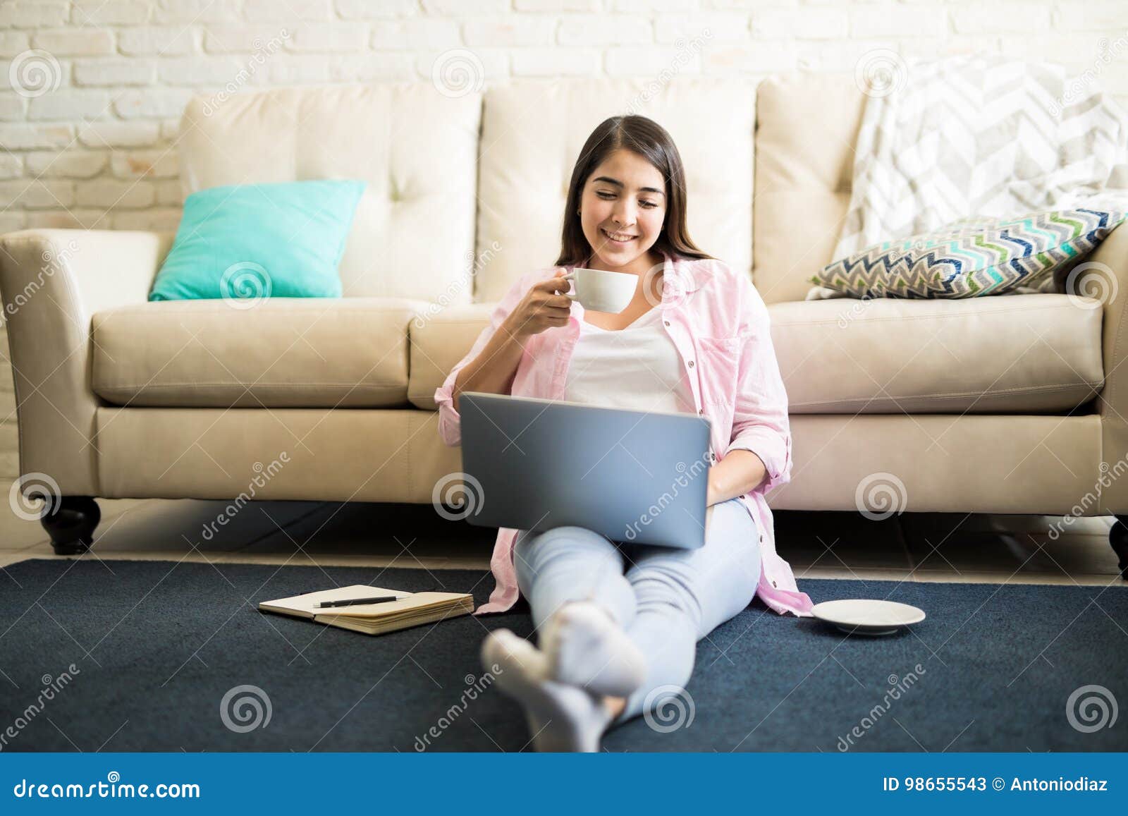 Woman Drinking Coffee while Working at Home Stock Image - Image of ...