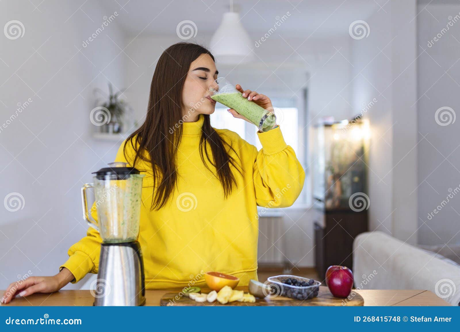 Woman Drinking Green Detox Smoothie Drink Happy Smiling Girl With