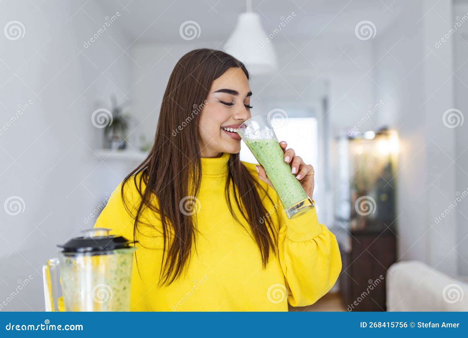 Woman Drinking Green Detox Smoothie Drink Happy Smiling Girl With