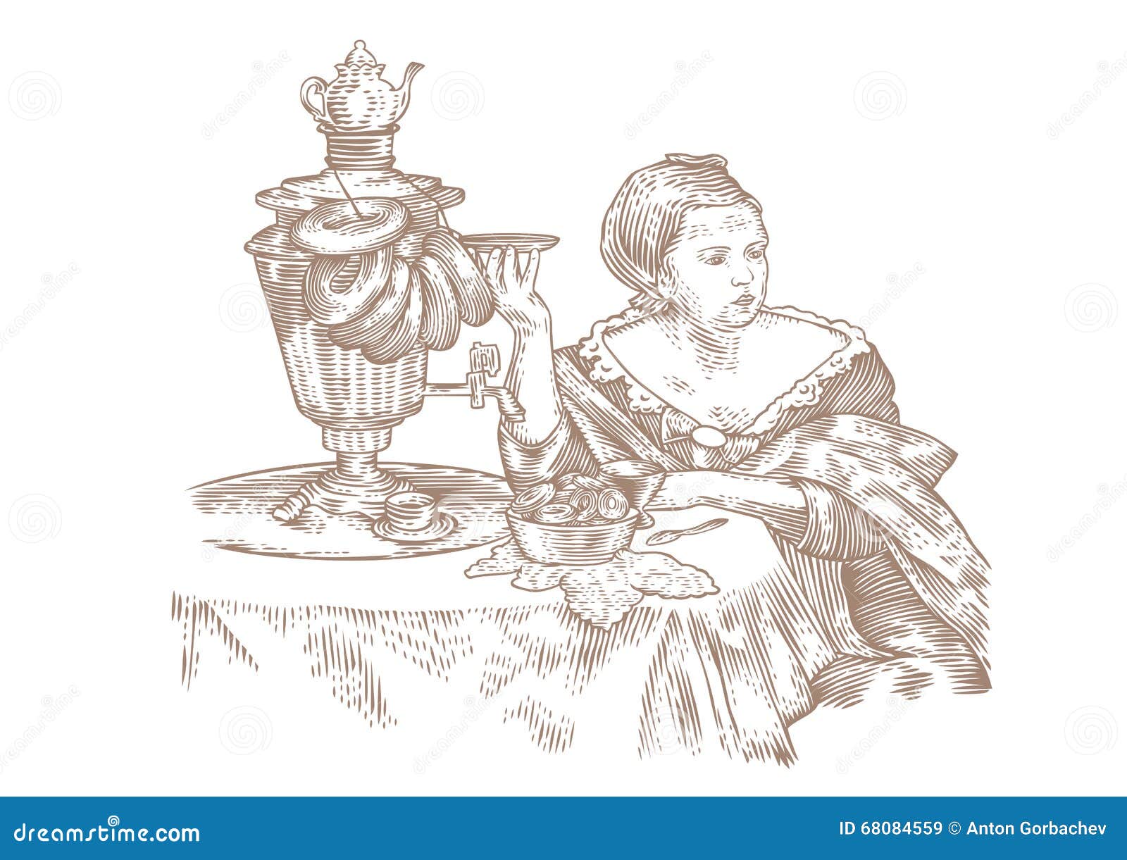 Woman drinking tea stock vector. Illustration of samovar - 68084559