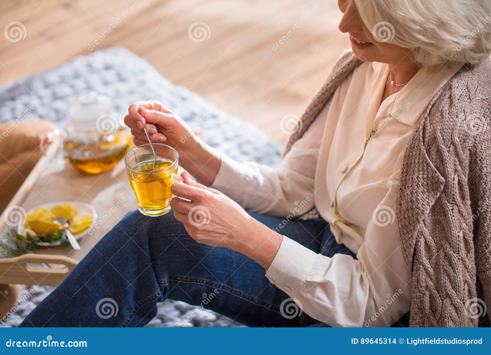 Woman drinking tea stock photo. Image of charming, adult - 89645314
