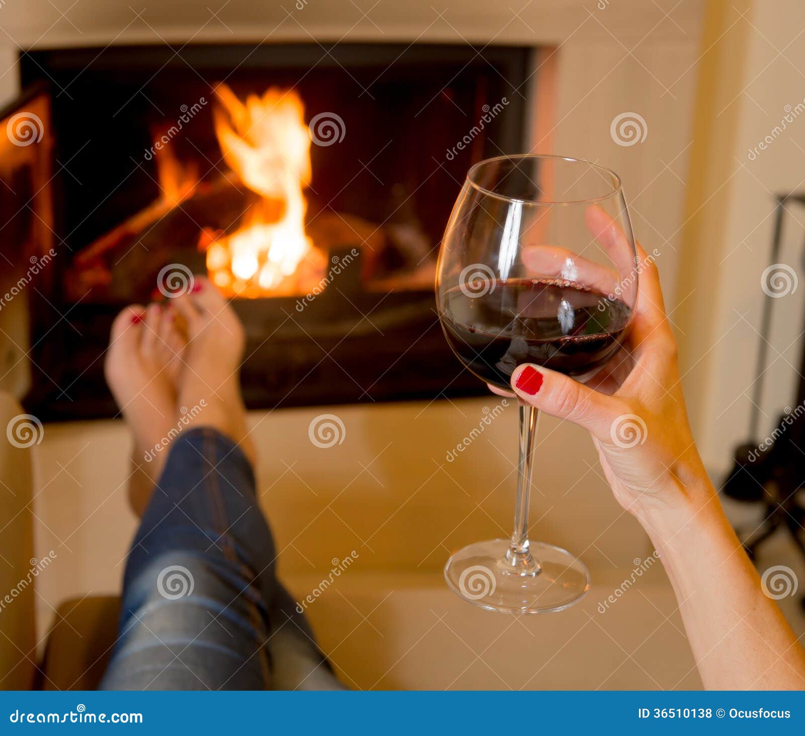 Woman Drinking Wine in Front of Fire Stock Photo - Image of drink ...