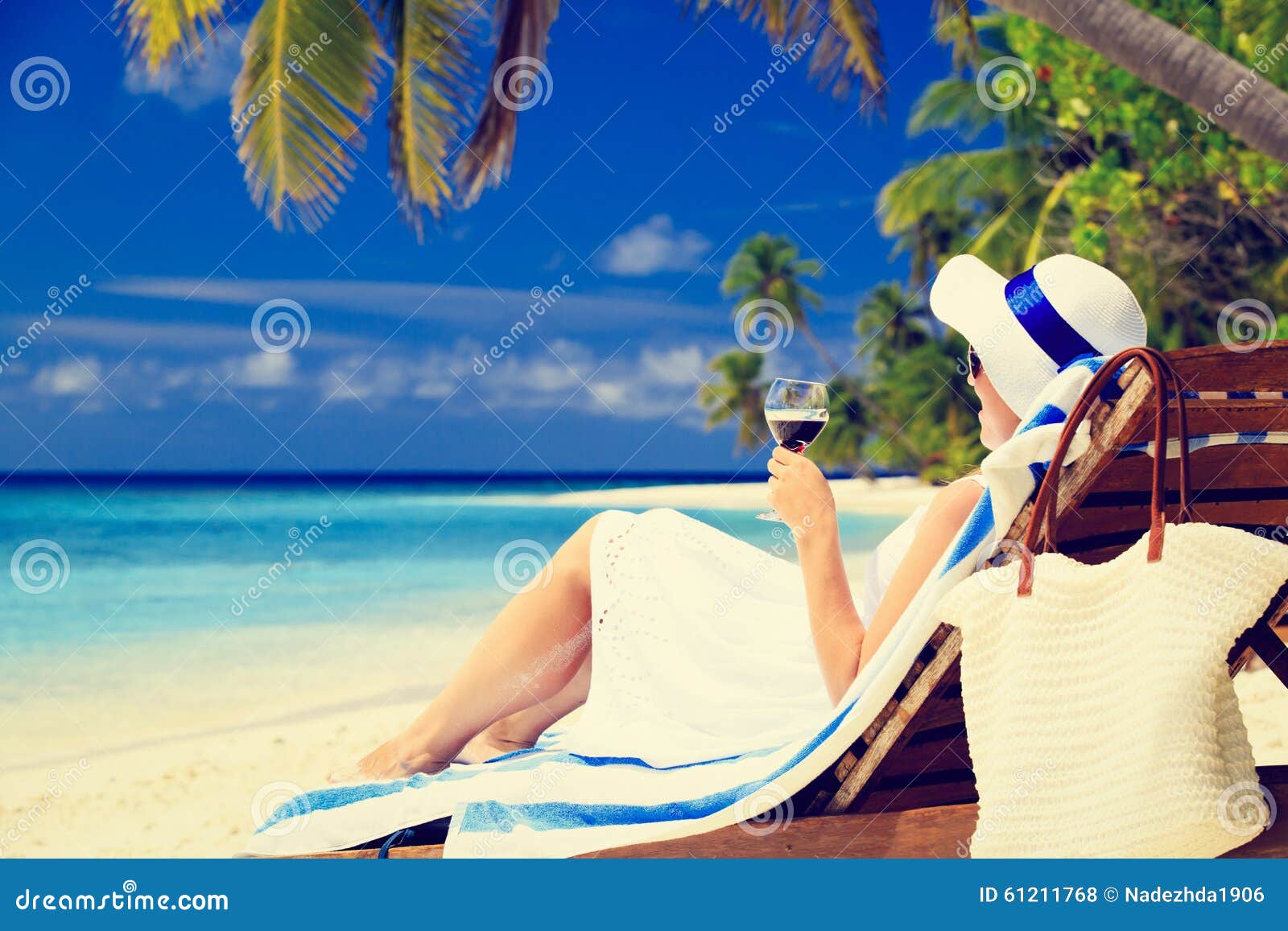 Woman Drinking Wine on Tropical Beach Stock Photo - Image of vacation ...