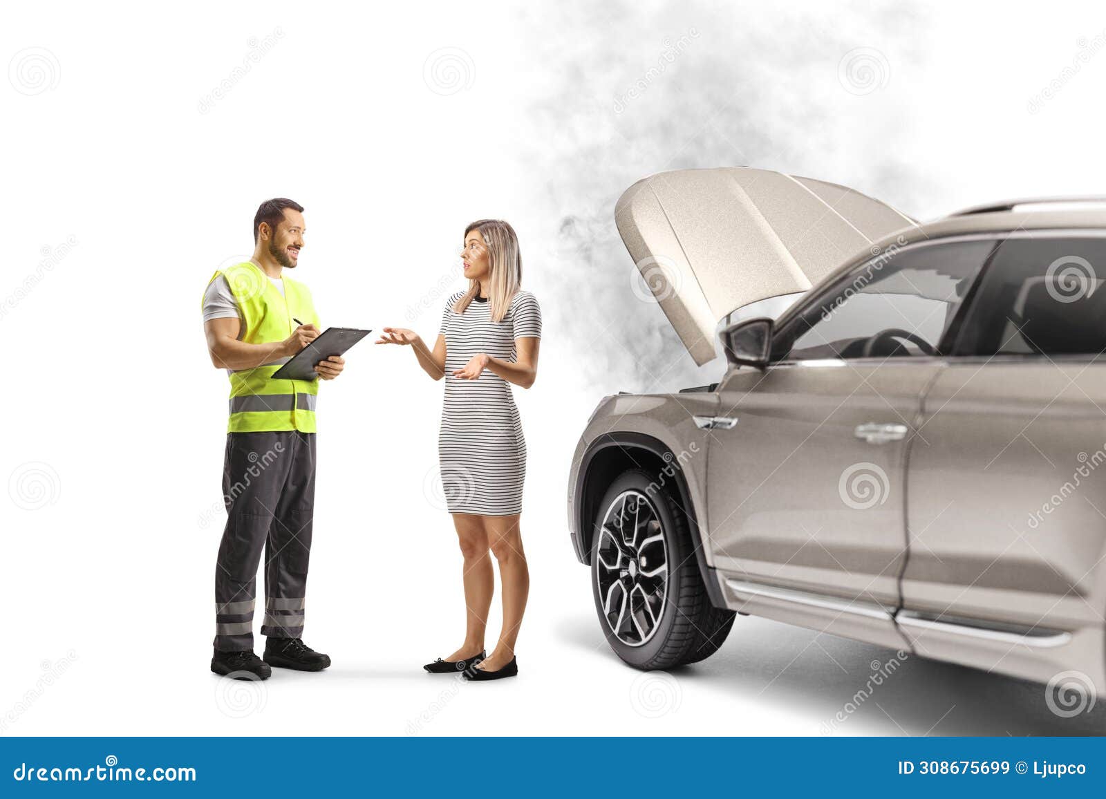 Woman Driver with Car Problem Talking To a Road Help Worker Stock Image ...