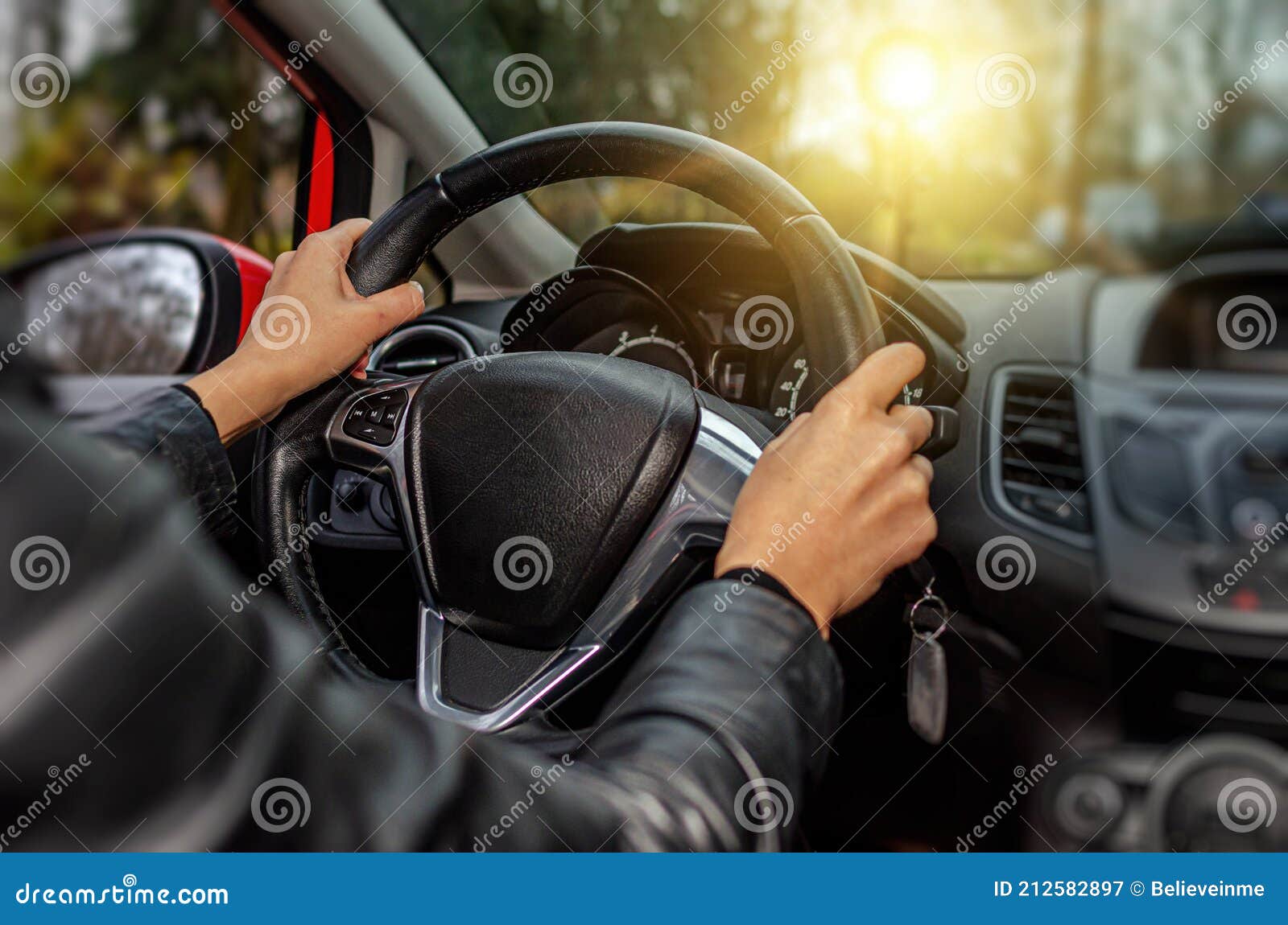 Woman Driver Driving a Car. View from Inside the Cabin Stock Image ...