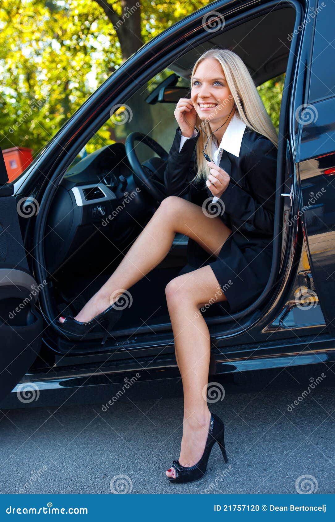 Woman Driver with Phone Headset Stock Photo - Image of long ...