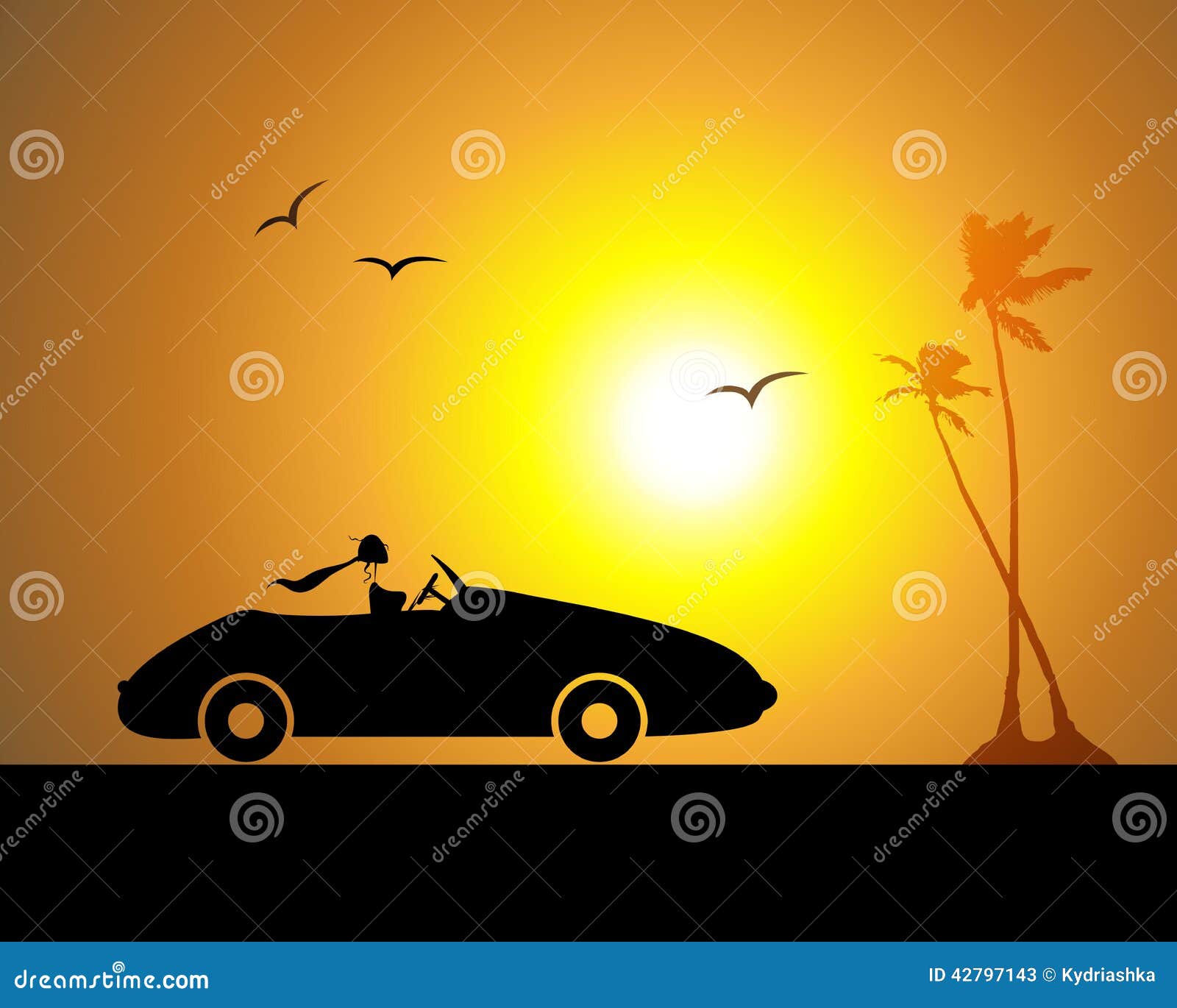 Woman driving car, sunset stock vector. Illustration of palm - 42797143