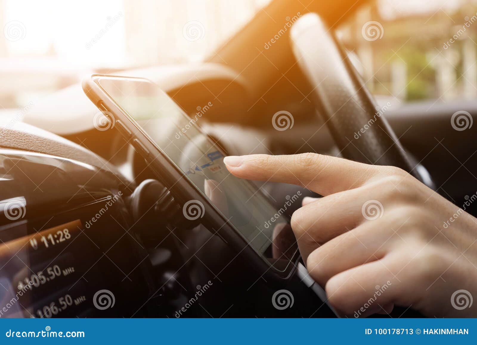 Woman Driving a Car with Using Navigation on Smartphone.technology ...