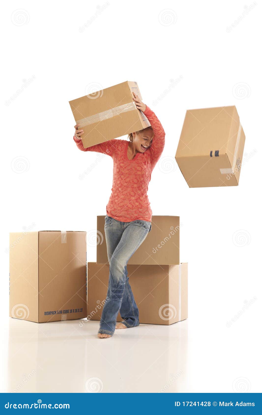 Woman Dropping Cardboard Boxes Stock Photo - Image of pretty, joyful ...