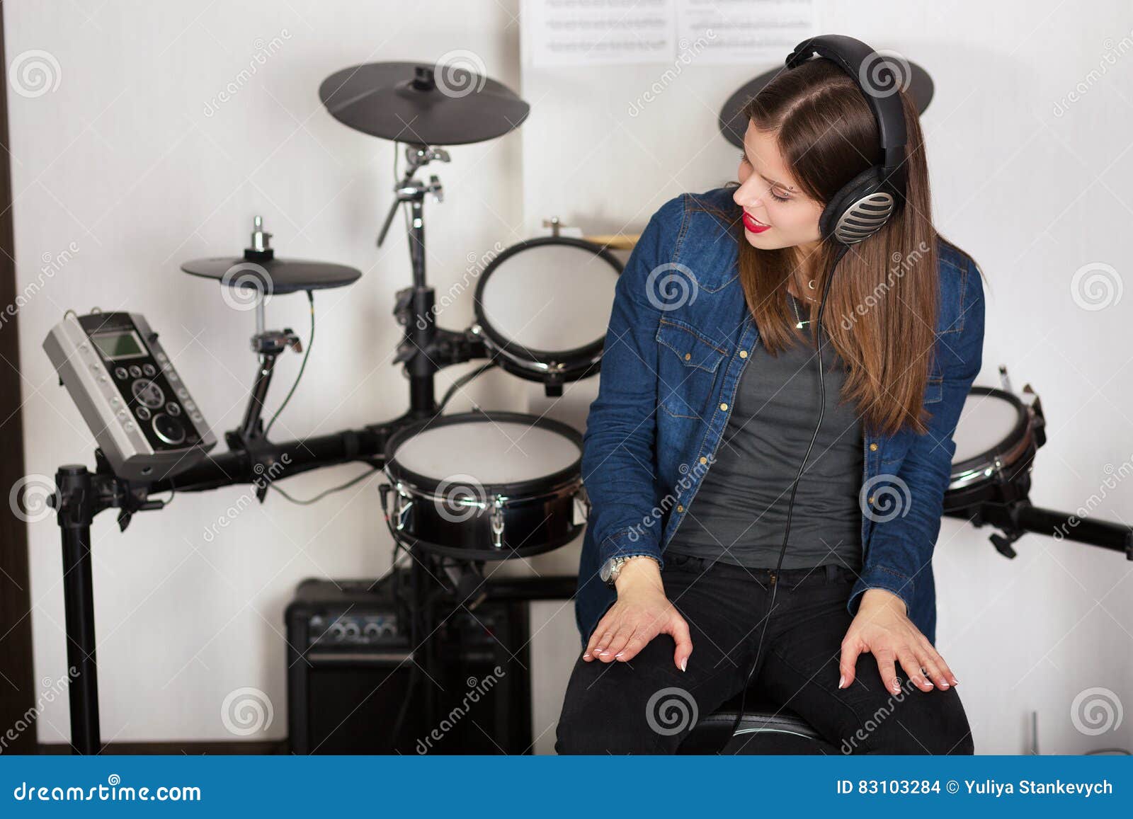 Woman Drummer Practicing at Home Stock Photo - Image of electronic ...