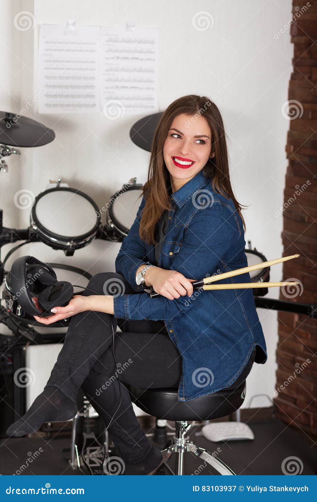 Woman Drummer Practicing at Home Stock Image - Image of beautiful, drum ...