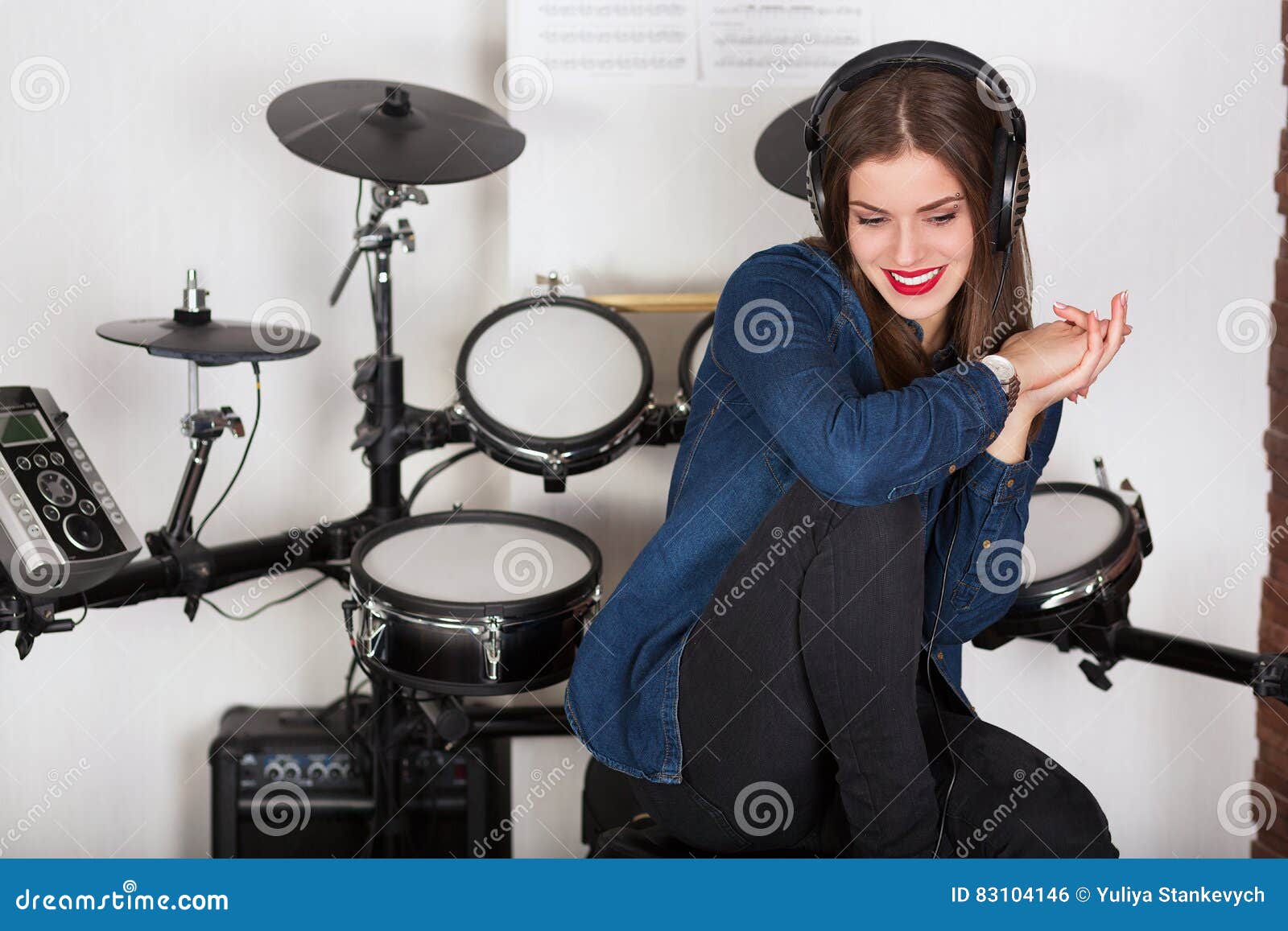 Woman Drummer Practicing at Home Stock Photo - Image of home ...