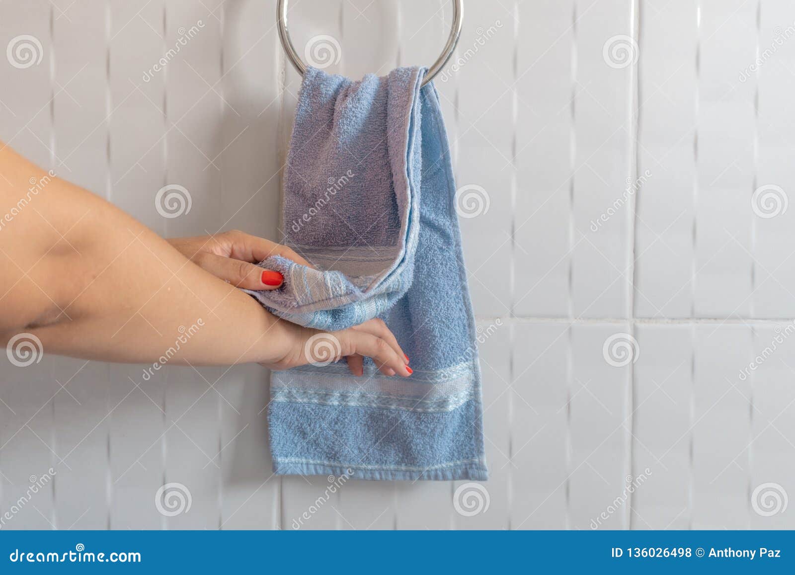Woman Drying Hands with Towel Stock Photo - Image of clean, sanitary ...