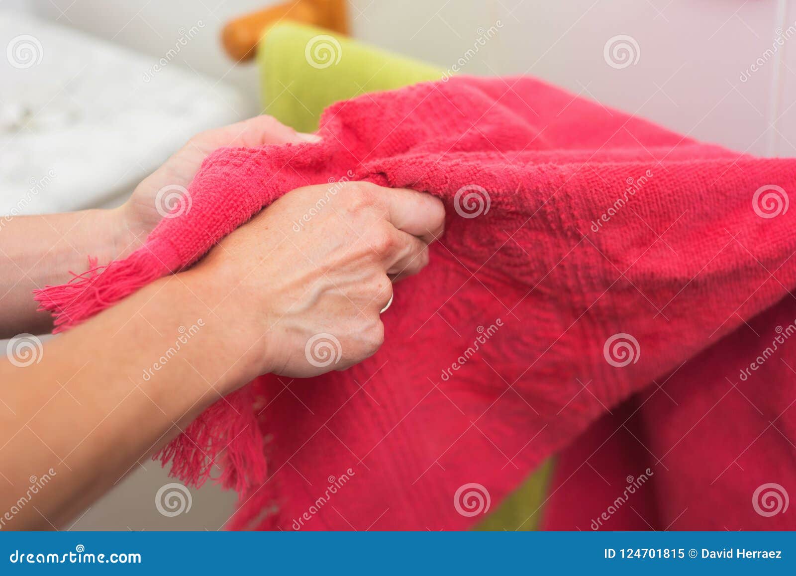 Woman Drying Hands with Towel Stock Image - Image of bathtub, laundry ...