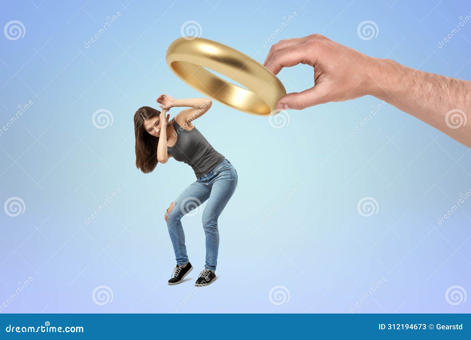 Woman Ducking Under Giant Golden Coin Ring Stock Image - Image of ...