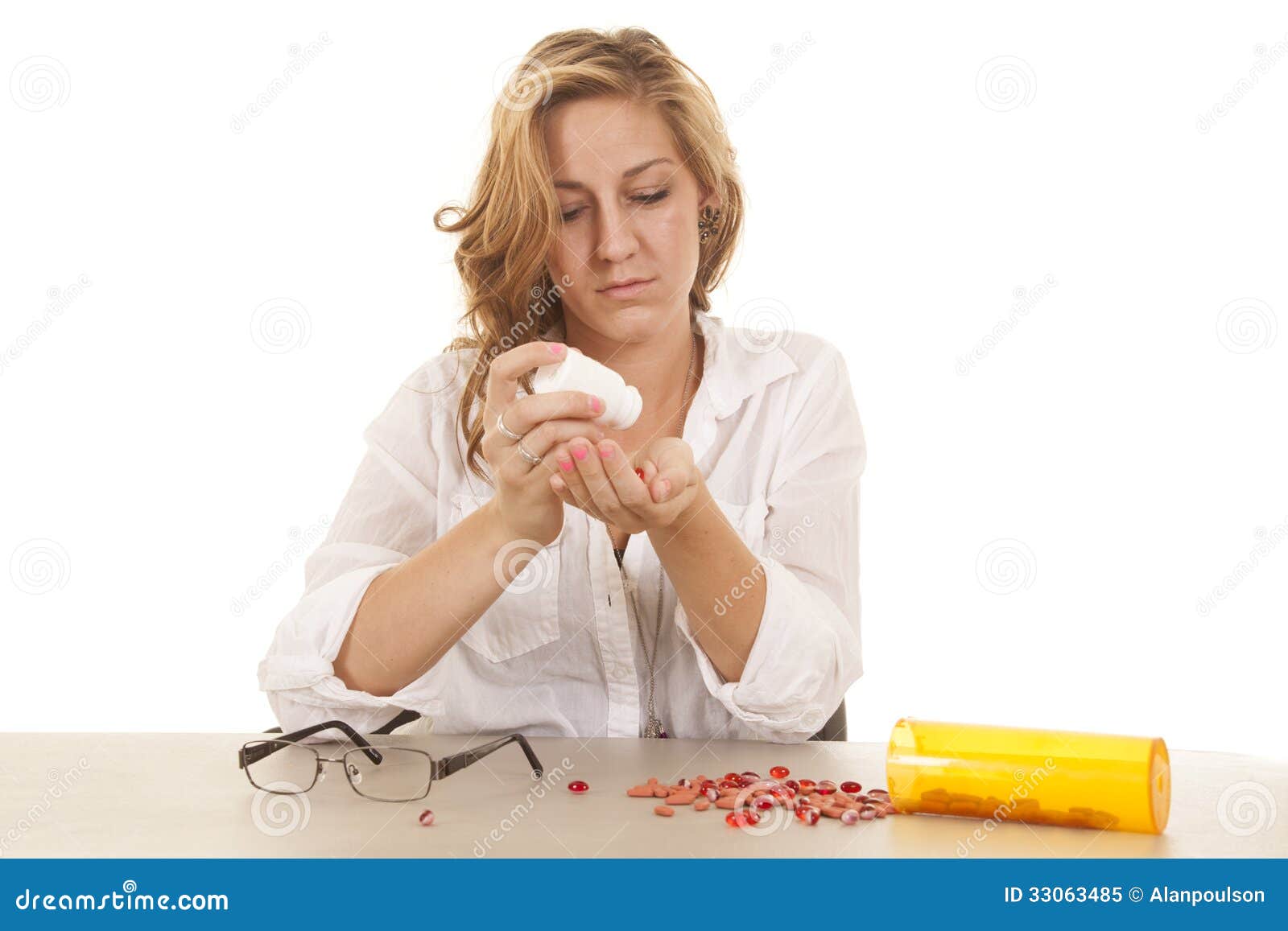 Woman Dumping Pills into Hand Stock Image - Image of glasses, human ...