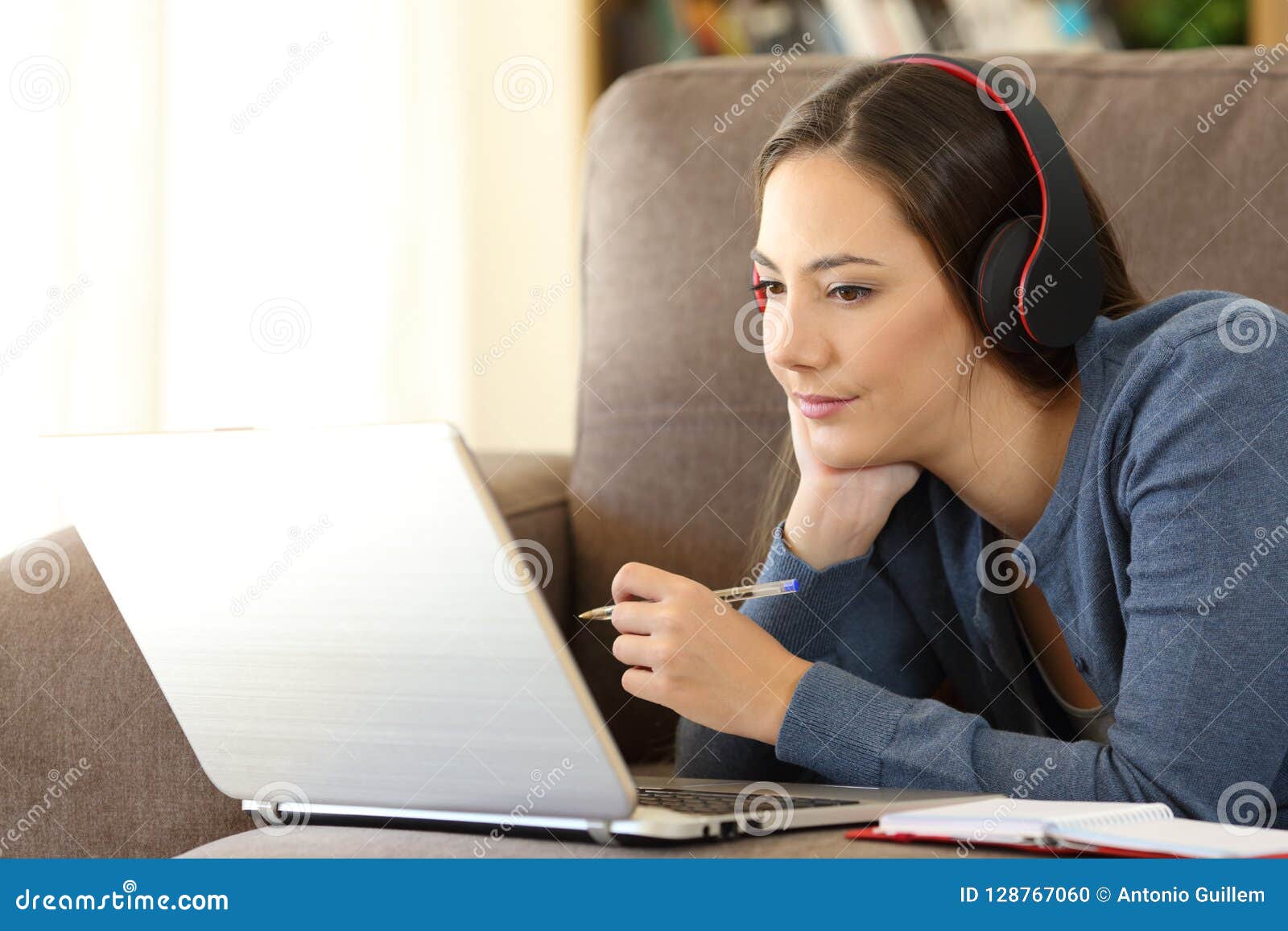 Woman E-learning Watching Video Tutorials Stock Photo - Image of indoor ...