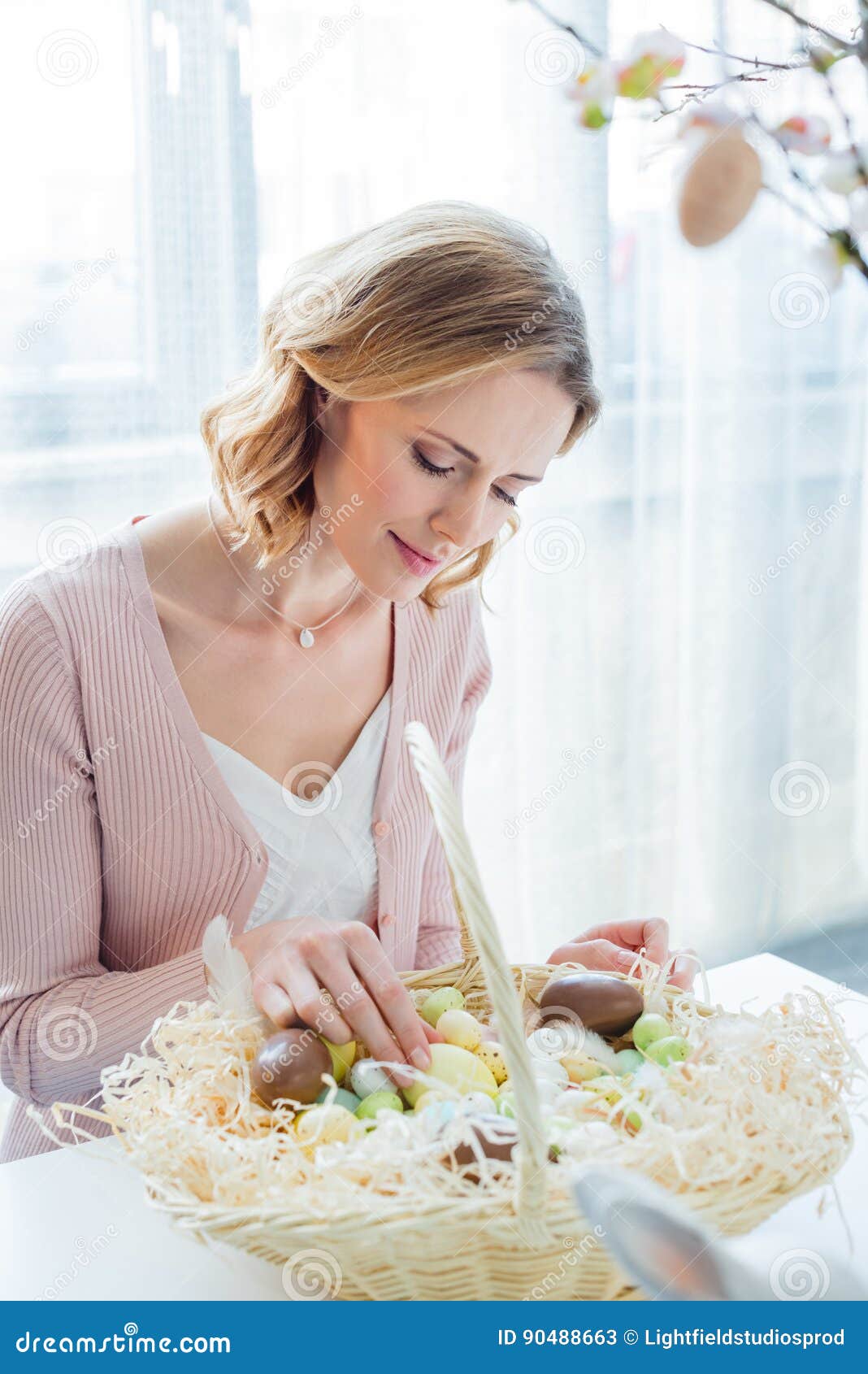 Woman with easter eggs stock image. Image of caucasian - 90488663