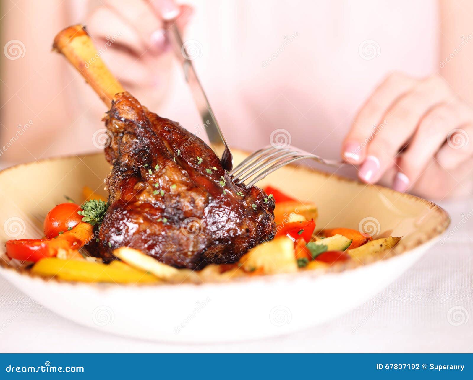 Woman eating beef stock photo. Image of salad, woman - 67807192