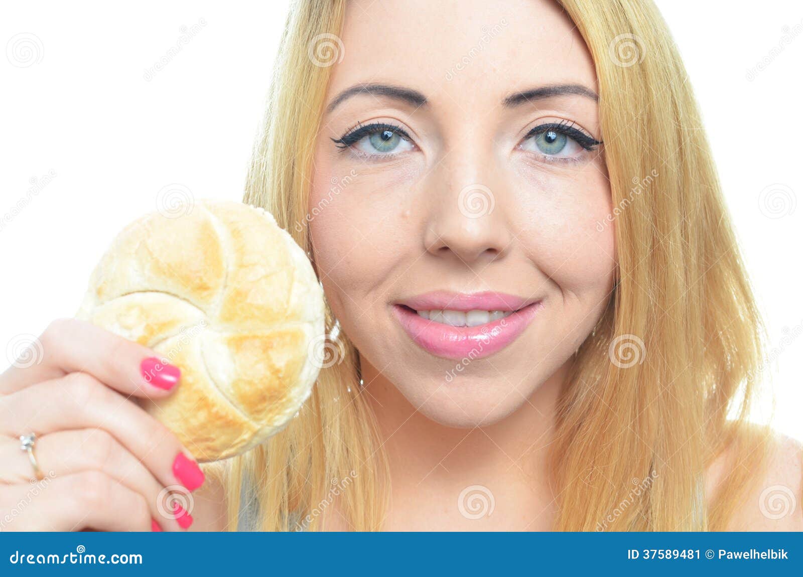 Woman eating bread roll stock image. Image of human, hunger - 37589481